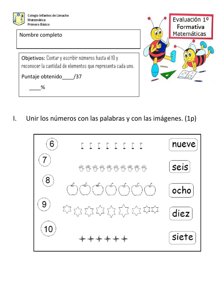 Evaluación de reconocimiento y escritura de números hasta el 10 para ...