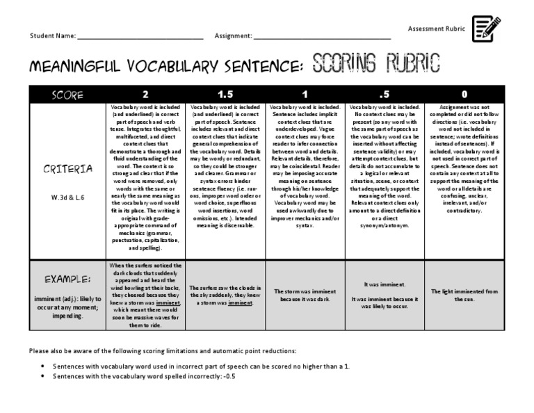 vocabulary rubric - using words in a meaningful original sentence pdf ...