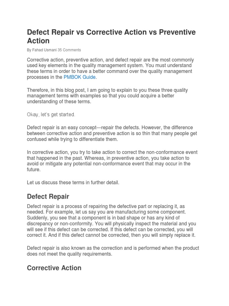 Defect Repair Vs Corrective Action Vs Preventive Action | PDF | Business