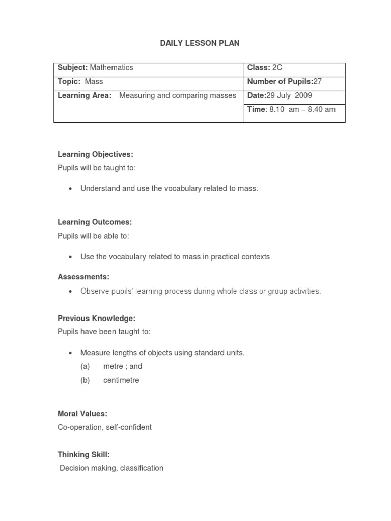 Daily Lesson Plan Mathematics 2 | PDF | Lesson Plan | Teachers