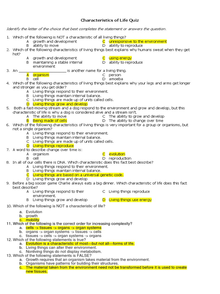 Biology Questionaire | PDF | Life | Organisms