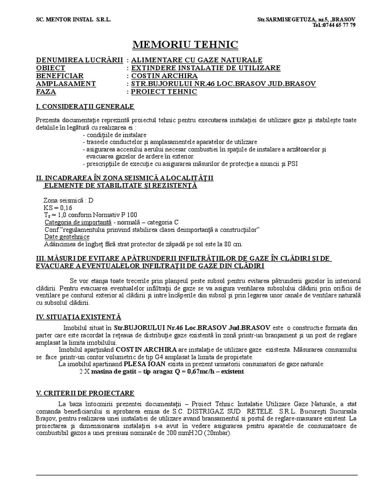 Memoriu Tehnic Instalatie Utilizare | PDF