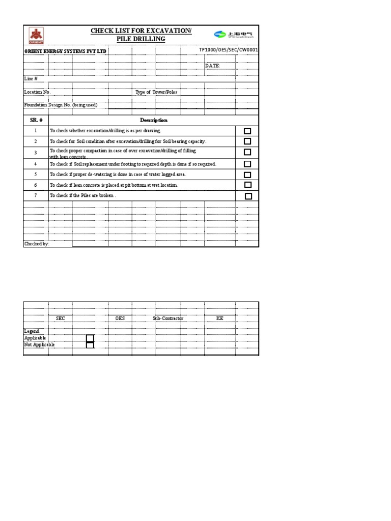 Check List For Excavation/ Pile Drilling: TP1000/OES/SEC/CW0001 | PDF ...