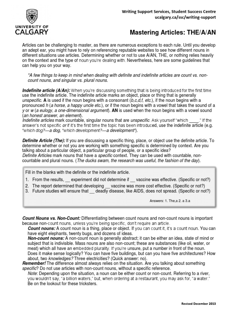 Mastering English Articles: A/AN/THE Guide | PDF | Noun | Grammatical ...