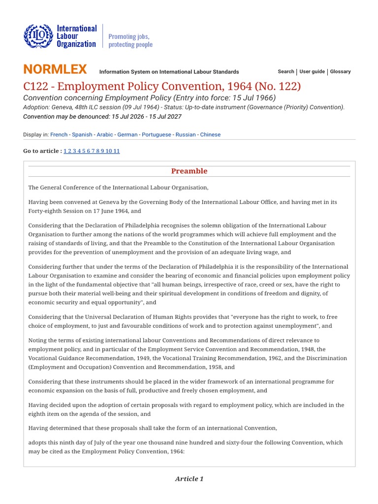 Convention C122 - Employment Policy Convention, 1964 (No. 122) | PDF ...