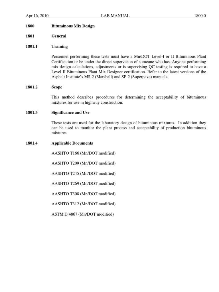Bituminous Mix Design Lab Manual | PDF | Asphalt | Materials
