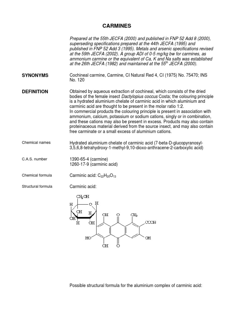 JECFA Additive-108-M1 Carmine PDF | PDF | Absorbance | Potassium