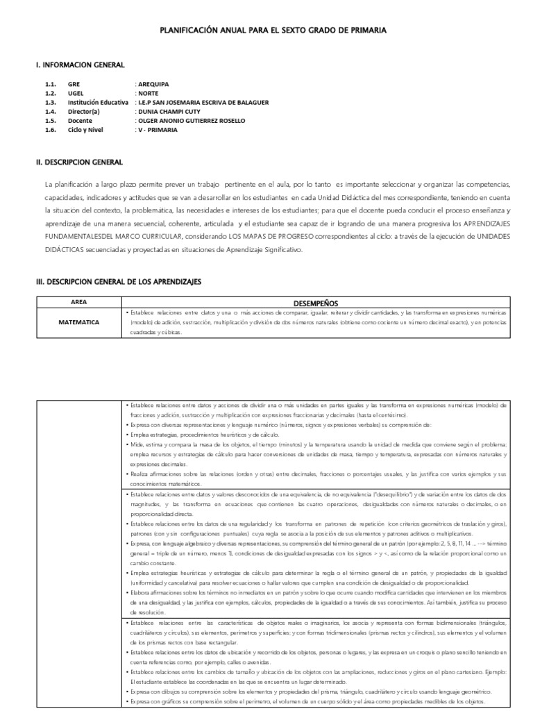 Planificación Anual 6to Grado Primaria | PDF | Geometria plana ...