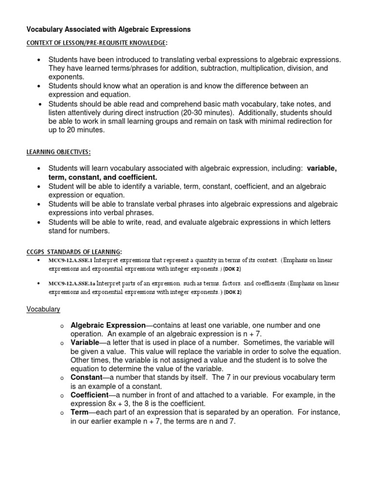 Translating Verbal Expressions in Algebra | PDF | Variable (Mathematics ...