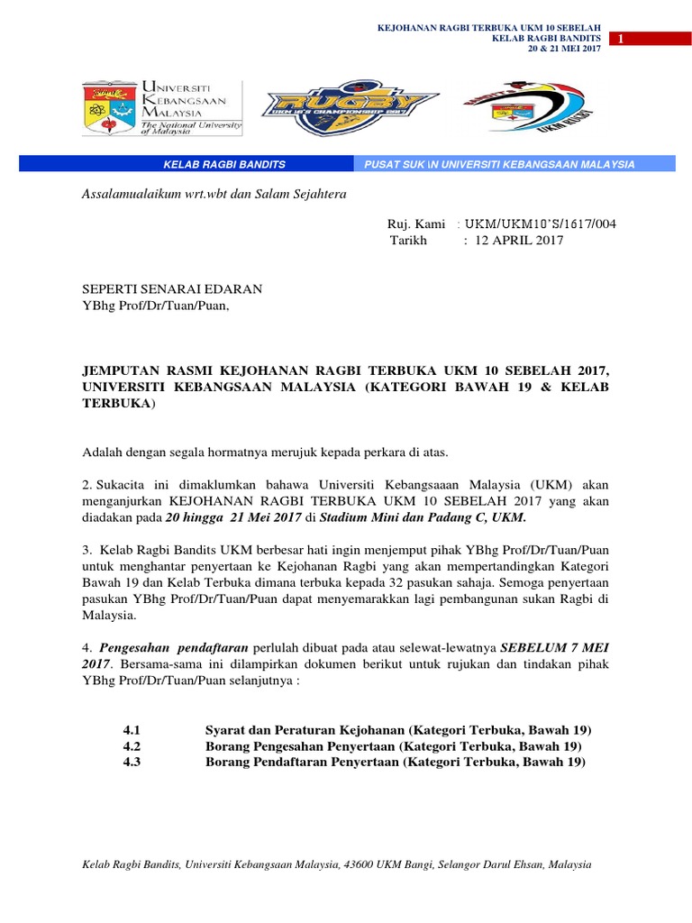 Surat Jemputan Kejohanan UKM10's | PDF