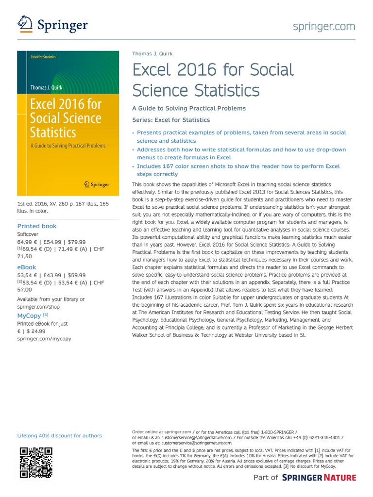 Excel 2016 for Social Science Statistics: A Step-by-Step Guide to Using Excel to Solve Practical ...