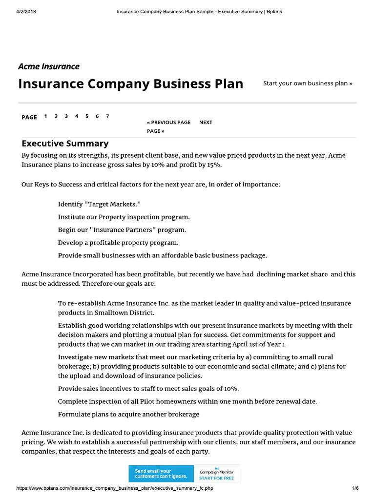 Insurance Company Business Plan Sample - Executive Summary _ Bplans