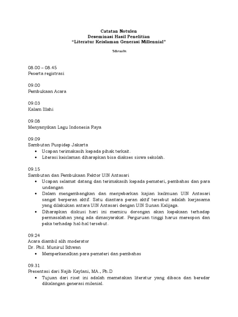 Catatan Notulen Seminar Literasi Islam Generasi Milenial | PDF