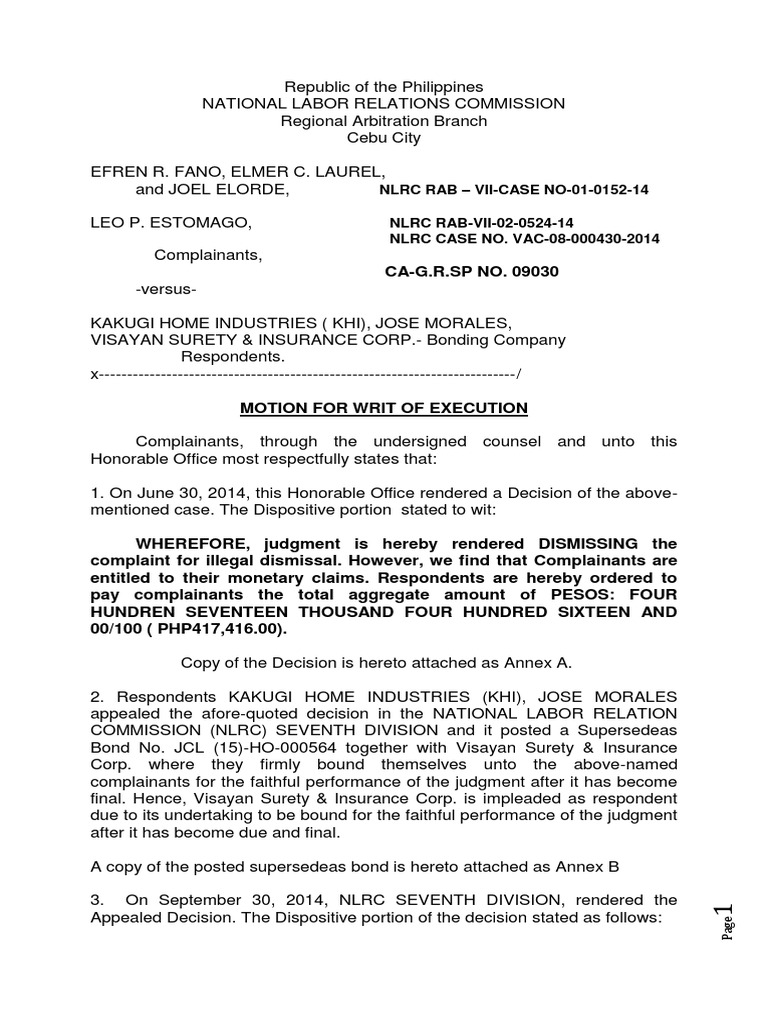 NLRC RAB VII Execution Motion Summary | PDF | Supersedeas Bond | Government Information