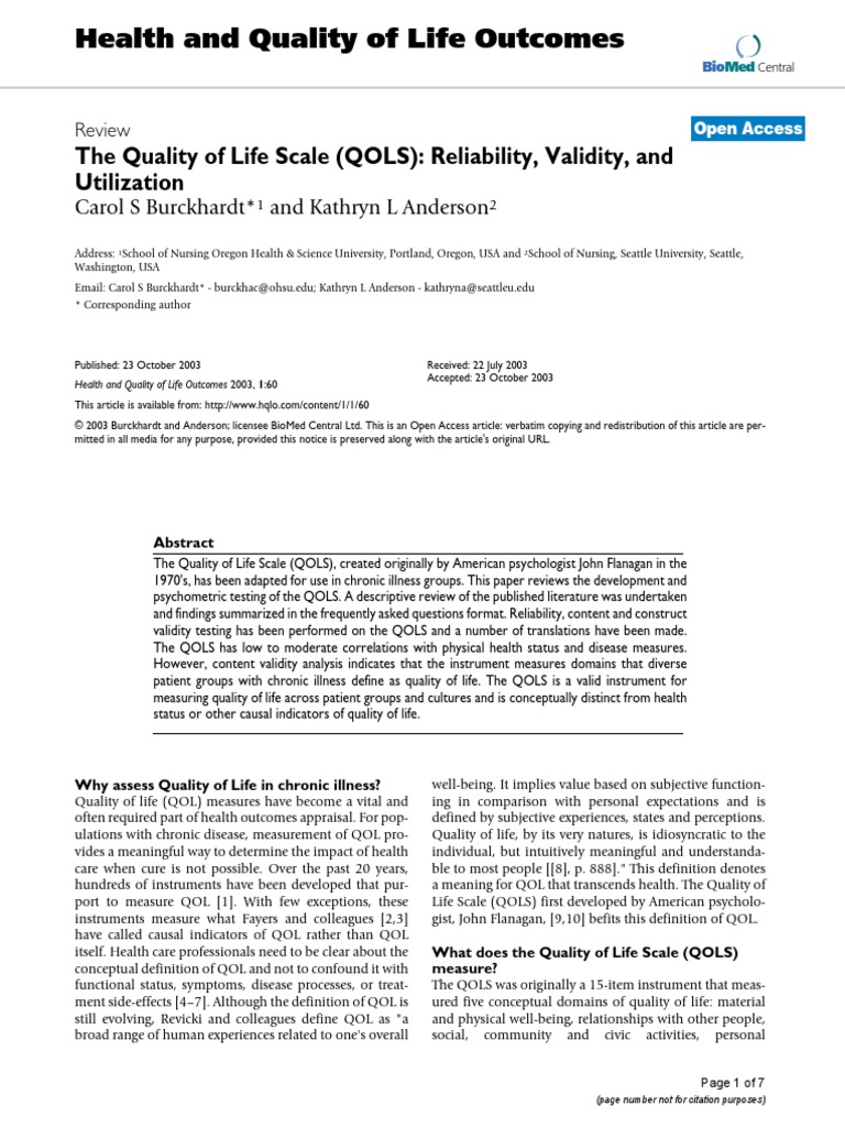 quality life scale.pdf | Quality Of Life | Chronic Condition