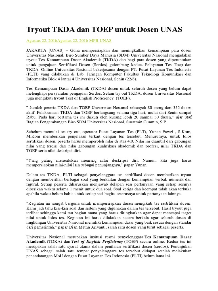 Serdos Tryout TKDA Dan TOEP Untuk Dosen UNAS | PDF | Karier & Perkembangan | Komputer