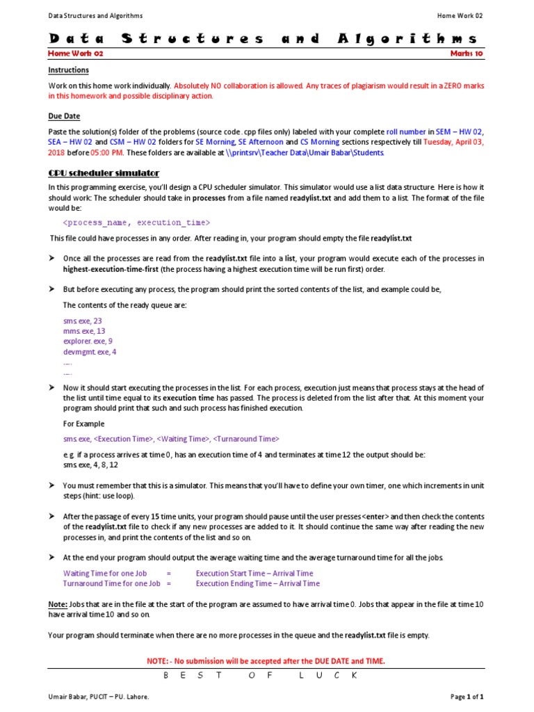02 Home Work - CPU Scheduler Simulator | PDF | Scheduling (Computing) | Text File