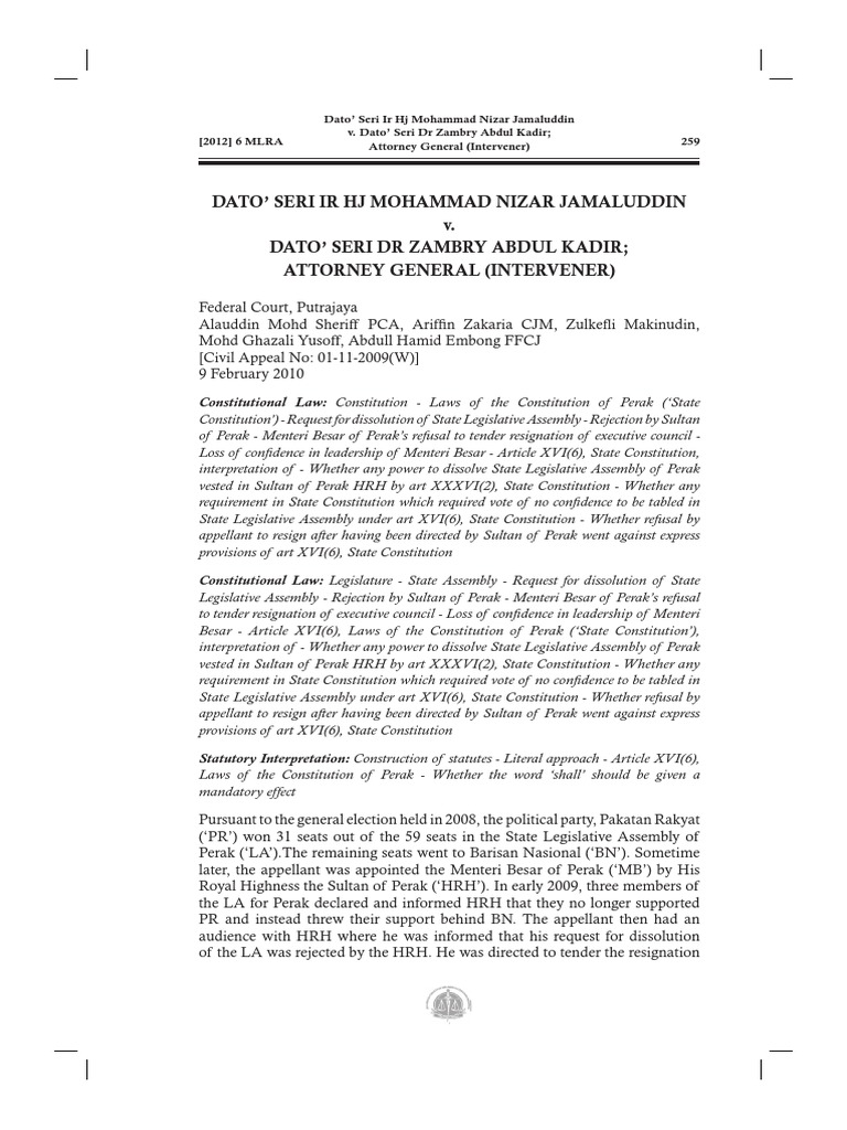 Dato' Seri Ir HJ Mohammad Nizar Jamaluddin v. Dato' Seri DR Zambry ...