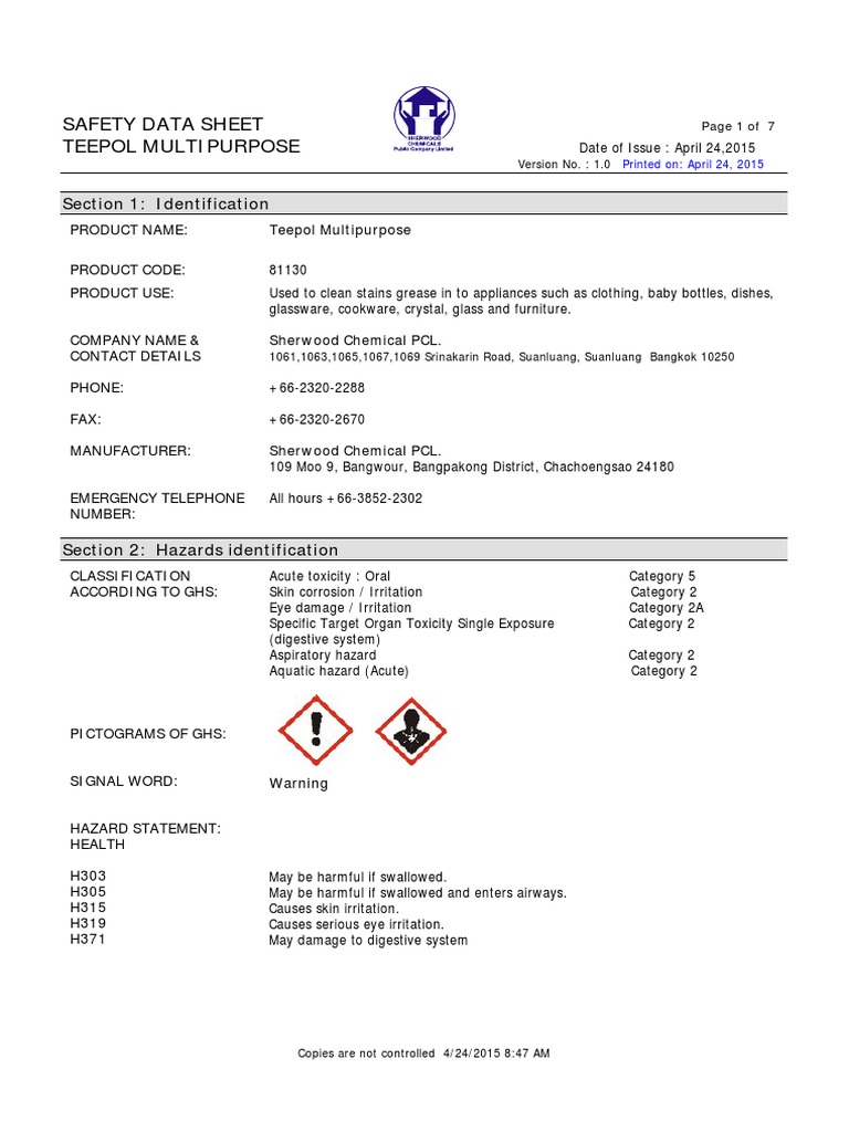 Teepol Multipurpose | PDF | Toxicity | Personal Protective Equipment