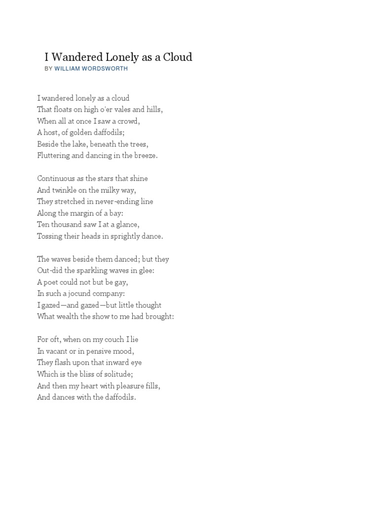 I Wandered Lonely As A Cloud | PDF | Poetry