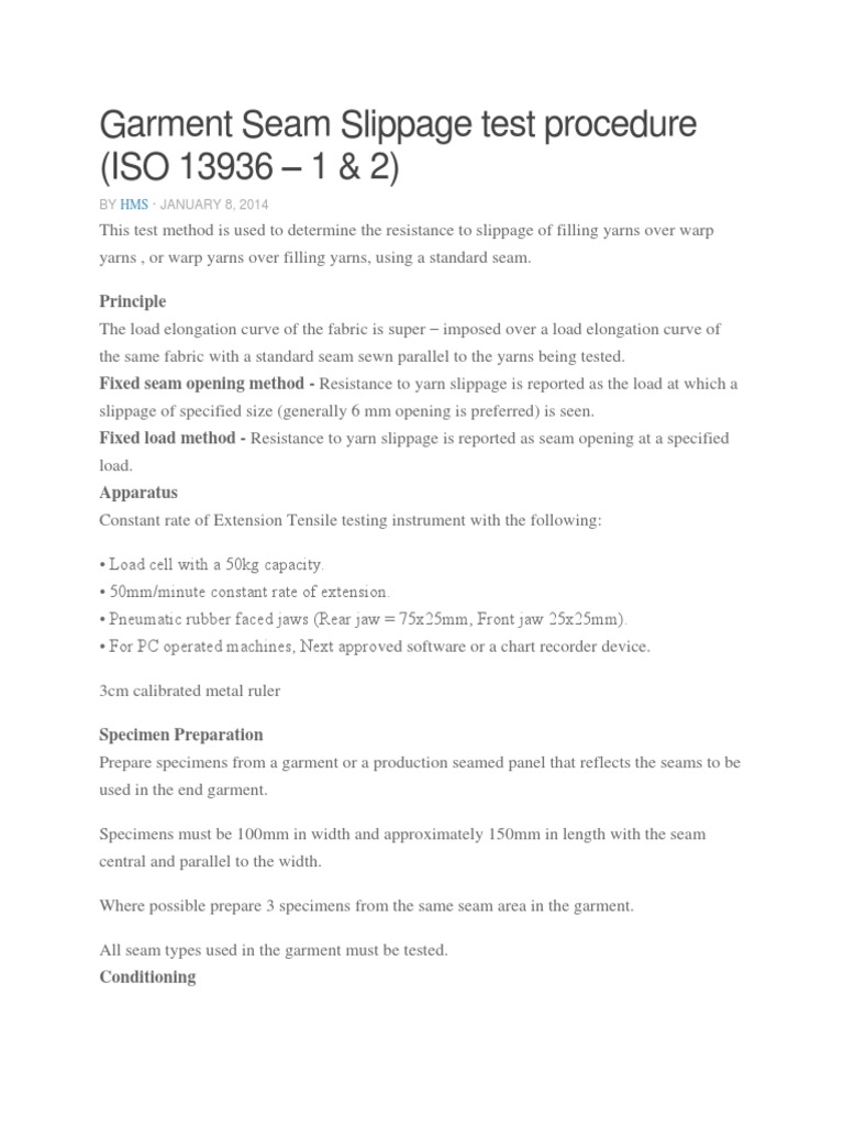 Seam Slippage Test Procedure (ISO 13936) | PDF | Seam (Sewing ...