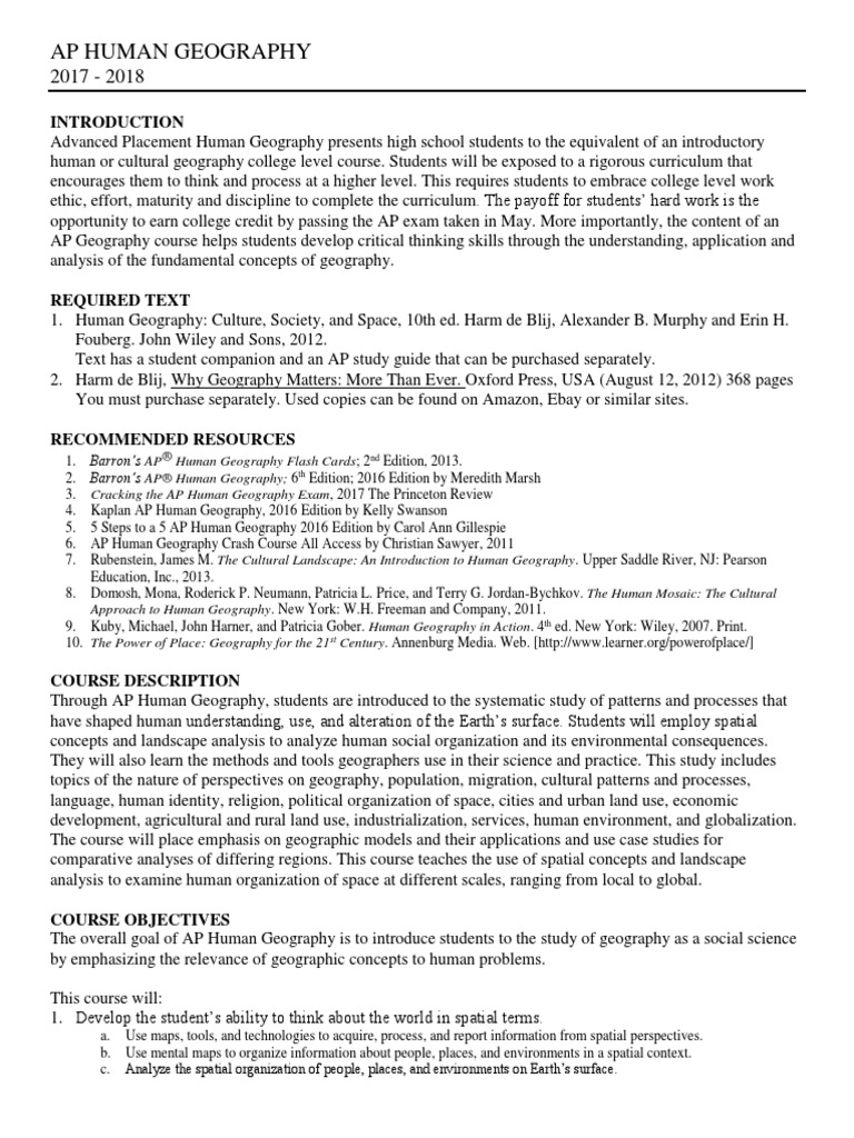 Ap Human Geography: Approach To Human Geography. New York: W.H. Freeman ...