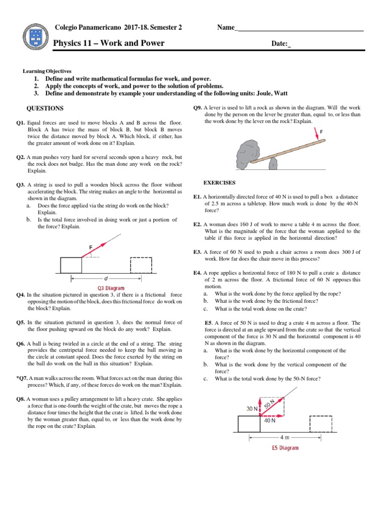 WS Energy 1 (Work and Power) | PDF | Force | Mass
