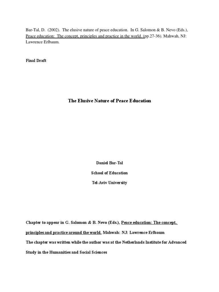 Bar-Tal Elusive Nature of Peace Education | PDF | Value (Ethics) | Goal