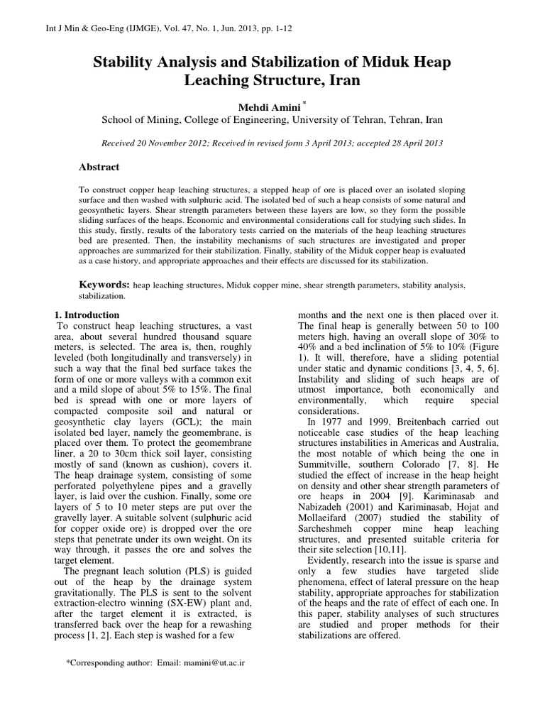 Stability Analysis and Stabilization of Miduk Heap Leaching Structure, Iran | PDF | Soil | Civil ...