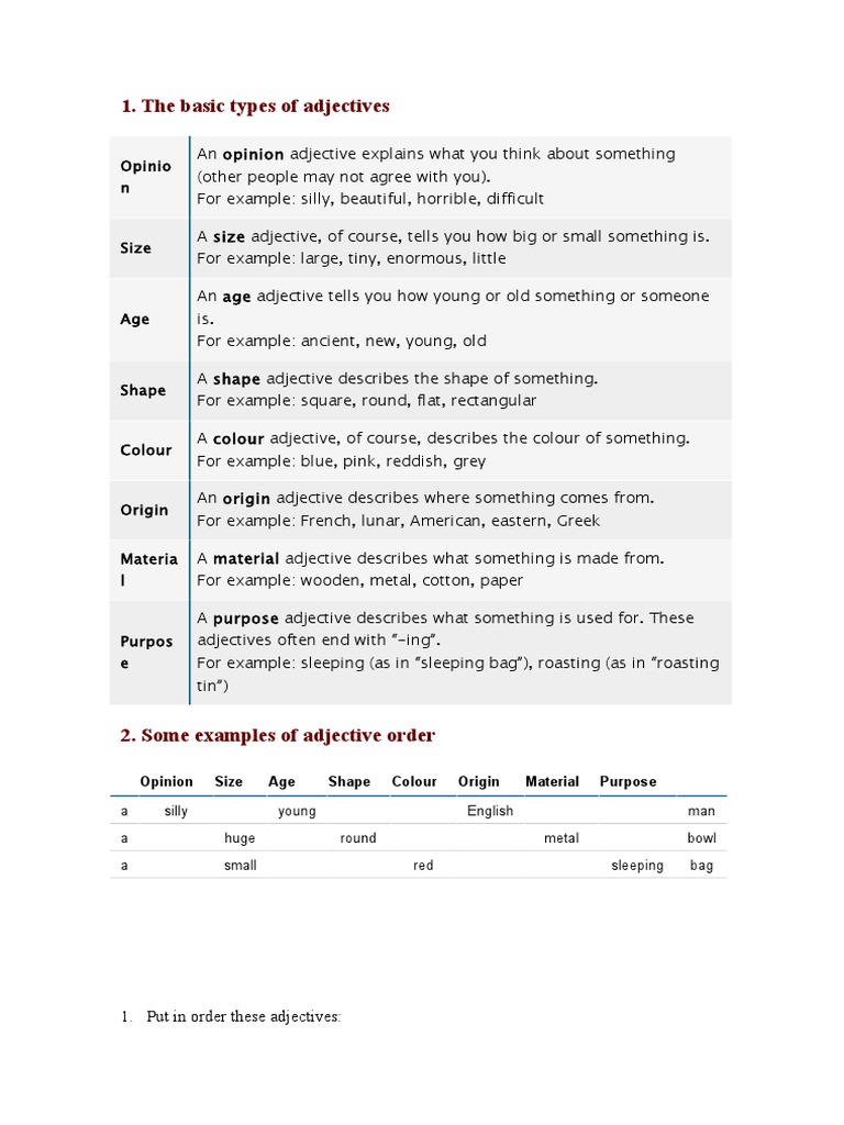 The Basic Types of Adjectives: Opinio N Size | PDF | Adjective