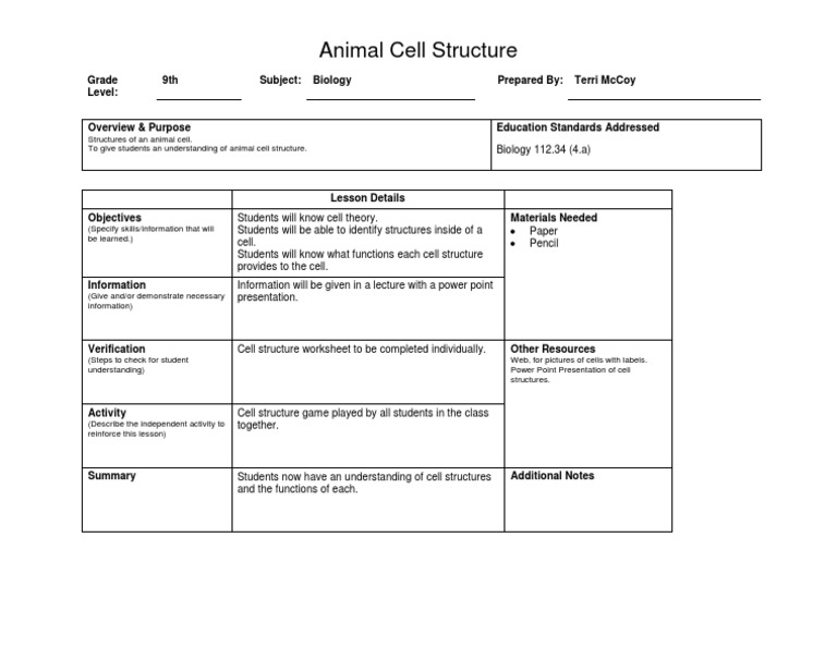 Animal Cell Structure Lesson Plan | PDF | Computers