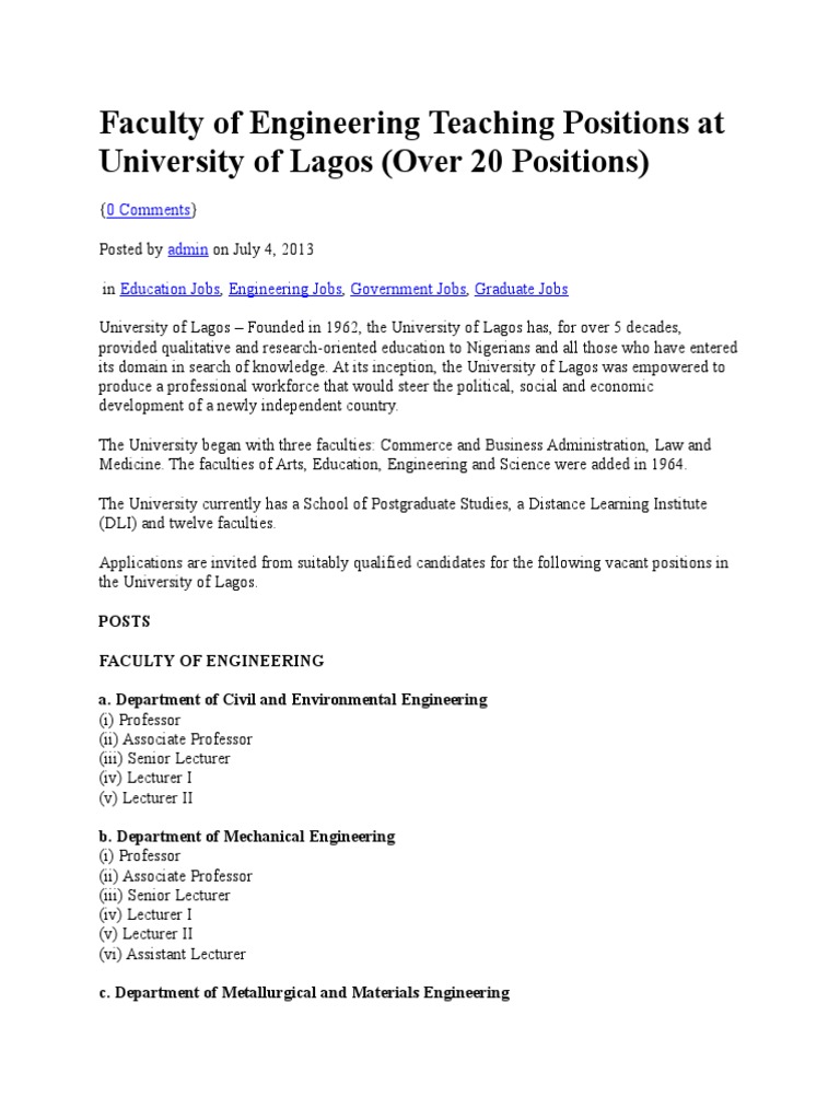 Faculty of Engineering Teaching Positions at University of Lagos | PDF ...