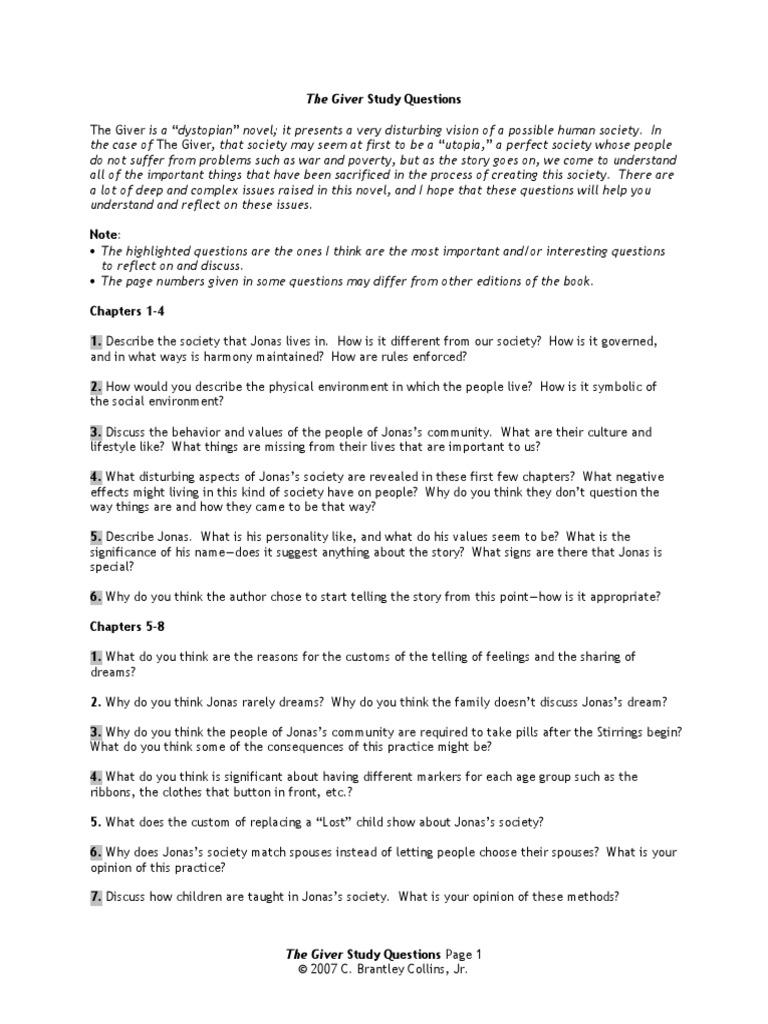 The Giver Study Questions | PDF | The Giver