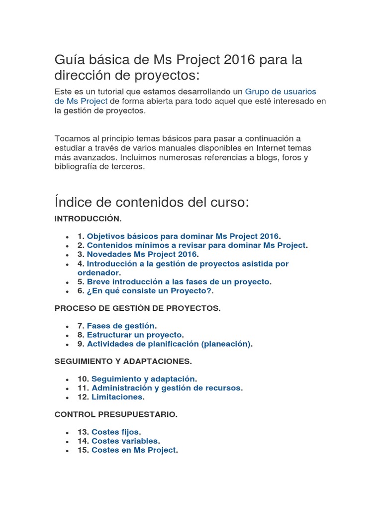 Guía Básica de Ms Project 2016 | PDF | Gestión de proyectos | Planificación