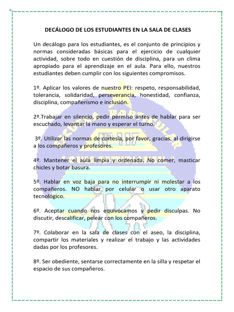 Decálogo de Los Estudiantes en La Sala de Clases | PDF | Salón de ...