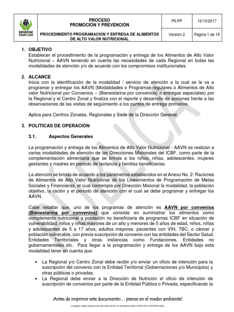 p5.Pp Procedimiento Programacion y Entrega Aavn v2 | PDF | Alimentos | Nutrición