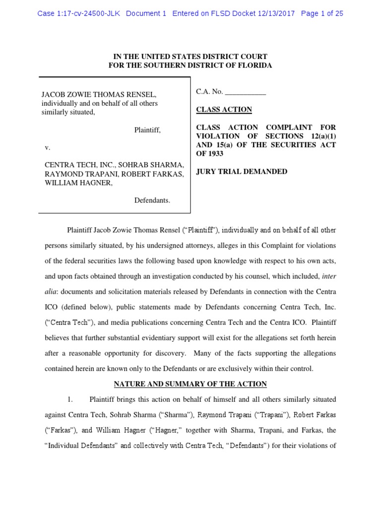 JACOB ZOWIE THOMAS RENSEL V CENTRA TECH, INC | PDF | Class Action ...