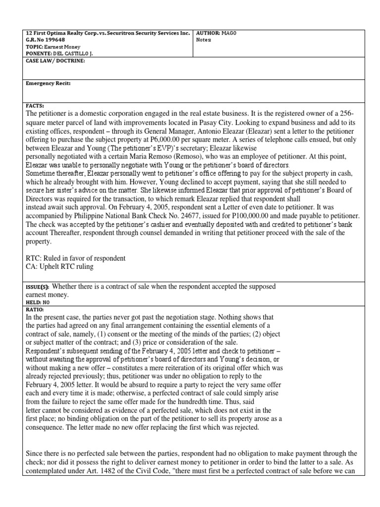 12 First Optima Realty Corp vs. Securitron | PDF | Cheque | Business Law