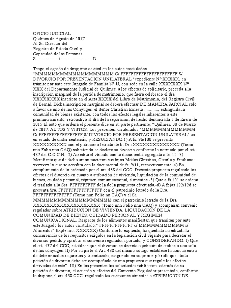 OFICIO JUDICIAL Inscripcion Divorcio Unilateral | PDF | Convenciones ... OFICIO JUDICIAL Inscripcion Divorcio Unilateral | PDF | Convenciones ...