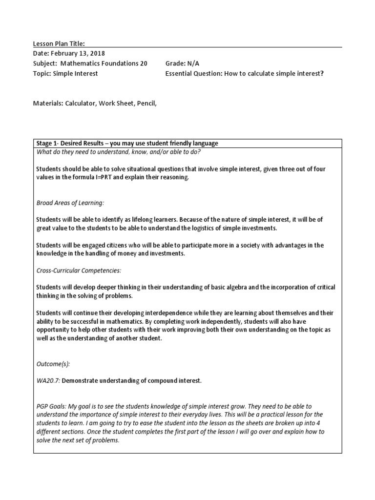 7th Grade Simple Interest Lesson Plan | PDF | Interest | Educational ...