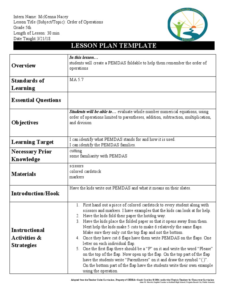 Lesson Plan Template: Standards of Learning Essential Questions | PDF ...