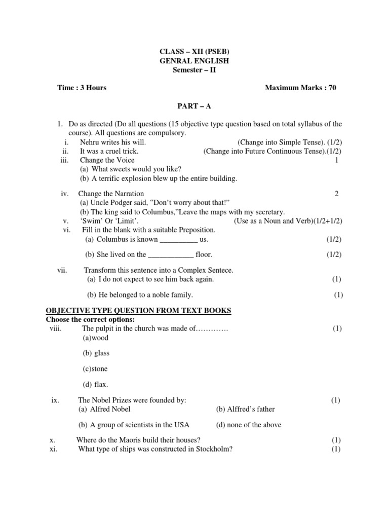 Class - Xii (Pseb) Genral English Semester - II Time: 3 Hours Maximum ...
