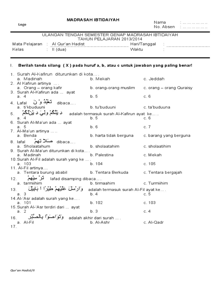 Soal Uts Quran Hadits Kelas 2 SD | PDF | Agama & Spiritualitas