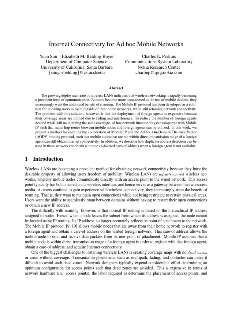 Internet Connectivity For Ad Hoc Mobile Networks | PDF | Routing | Wireless Ad Hoc Network