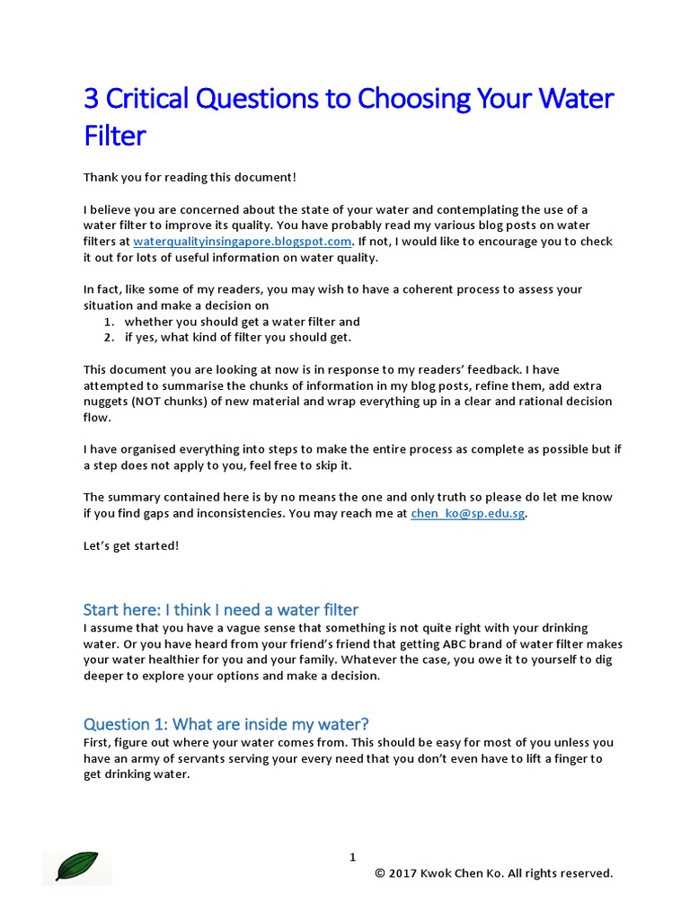 Critical To Choosing Your Filter | PDF | Water Purification | Water Supply
