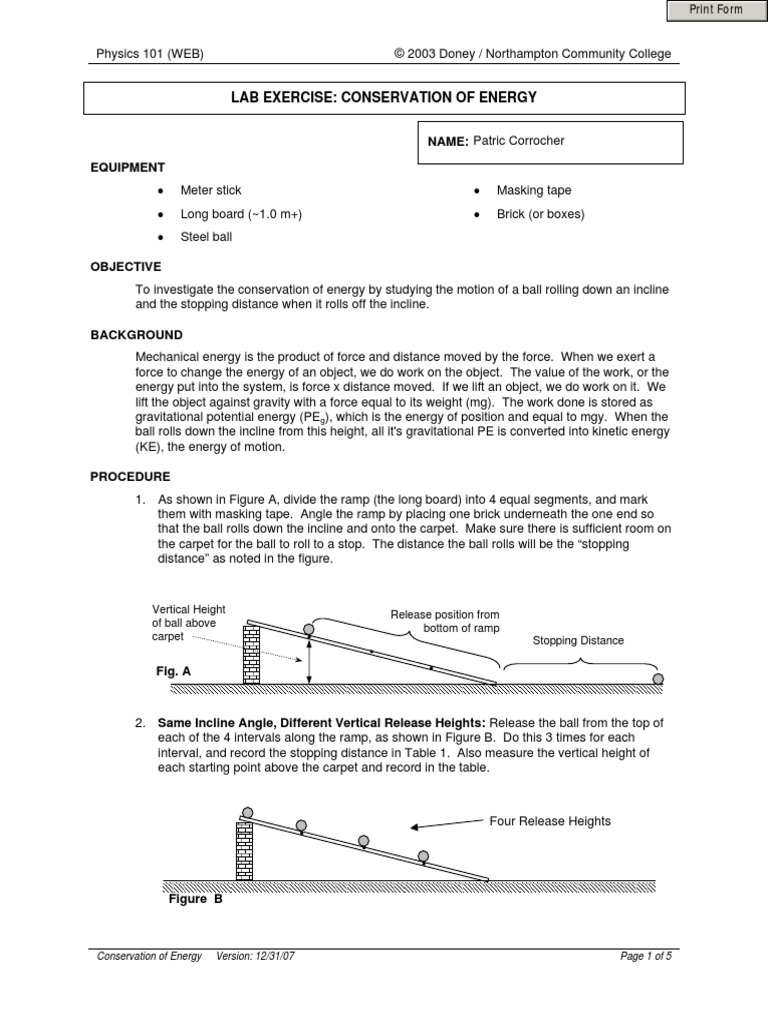 Lab Exercise: Conservation of Energy: Name | PDF | Velocity | Force
