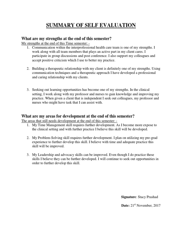 Summary of Self Evaluation | PDF