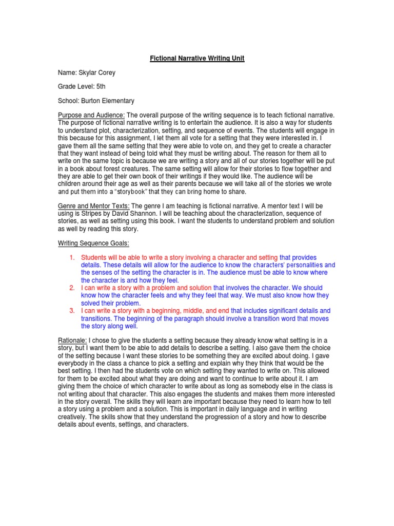 Fictional Narrative Writing Unit | PDF | Narrative | Educational Assessment