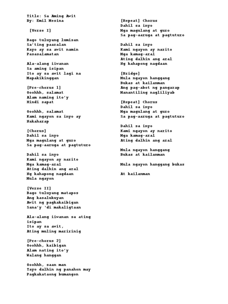 Sa Aming Awit (Lyrics) | PDF