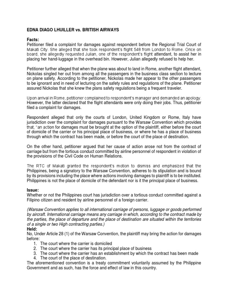 Edna Diago Lhuiller Vs Bristish Airways | PDF | Complaint | Flight ...